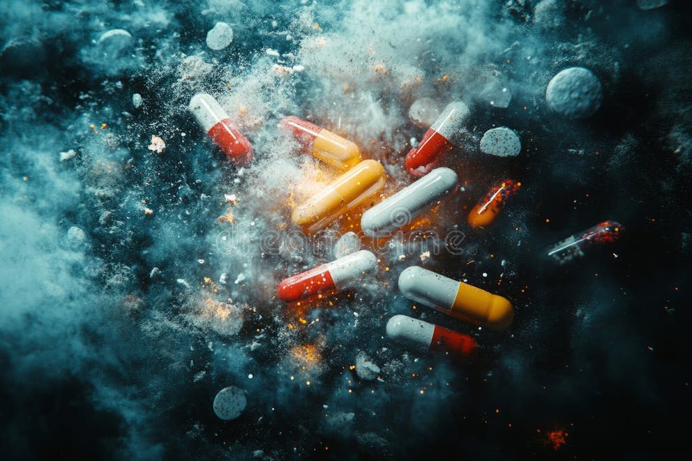 Medicine Capsules Exploding with Colorful Smoke and Fire Sparks ...