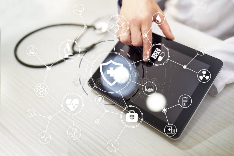 Medicine Doctor with Modern Computer, Virtual Screen Interface and Icon ...