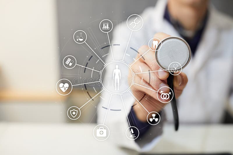 Medicine Doctor with Modern Computer, Virtual Screen Interface and Icon ...