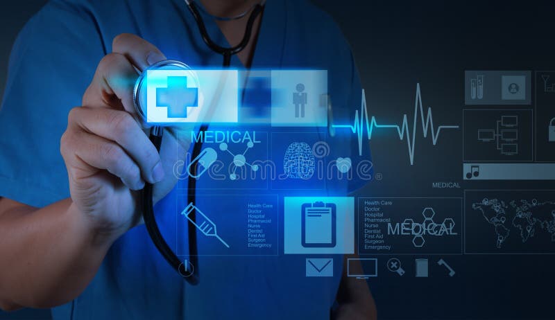 Medicine Doctor Pushing on First Aid Sign with Modern Computer Stock ...