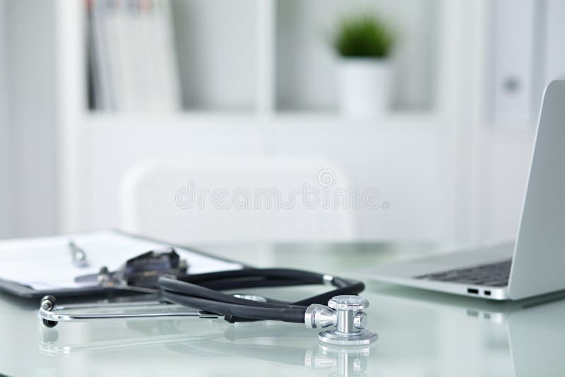 Medicine Doctor`s Working Table. Focus on Stethoscope Stock Photo ...