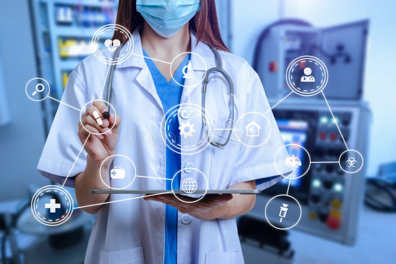 Medicine Doctor and Stethoscope Using Tablet with Icon Medical Network ...