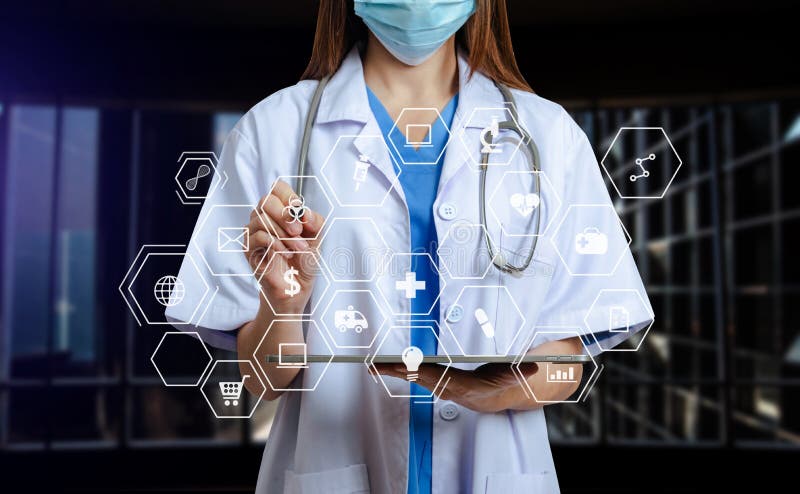 Medicine Doctor and Stethoscope Using Tablet with Icon Medical Network ...