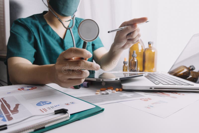 Medicine Doctor Using Tablet with Digital Medical Interface Icons ...
