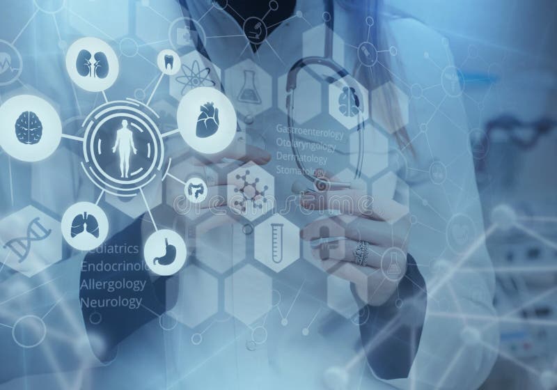 Medicine Doctor and Virtual Computer Interface Stock Photo - Image of ...