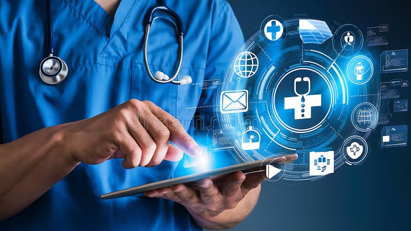 Medical Professional Using Tablet with Digital Health Icons and ...