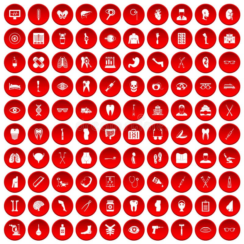 100 medicine icons set red stock vector. Illustration of glasses - 96660248