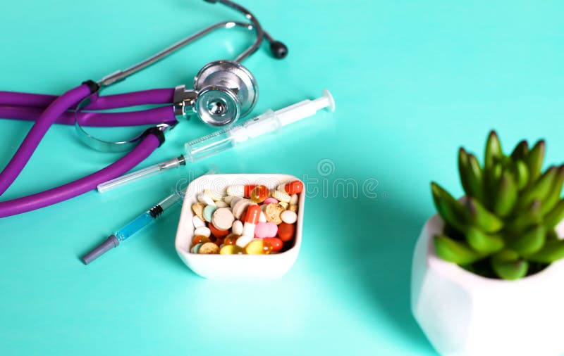 Medicine Pills, Tablets and Capsules on Table Stock Image - Image of ...