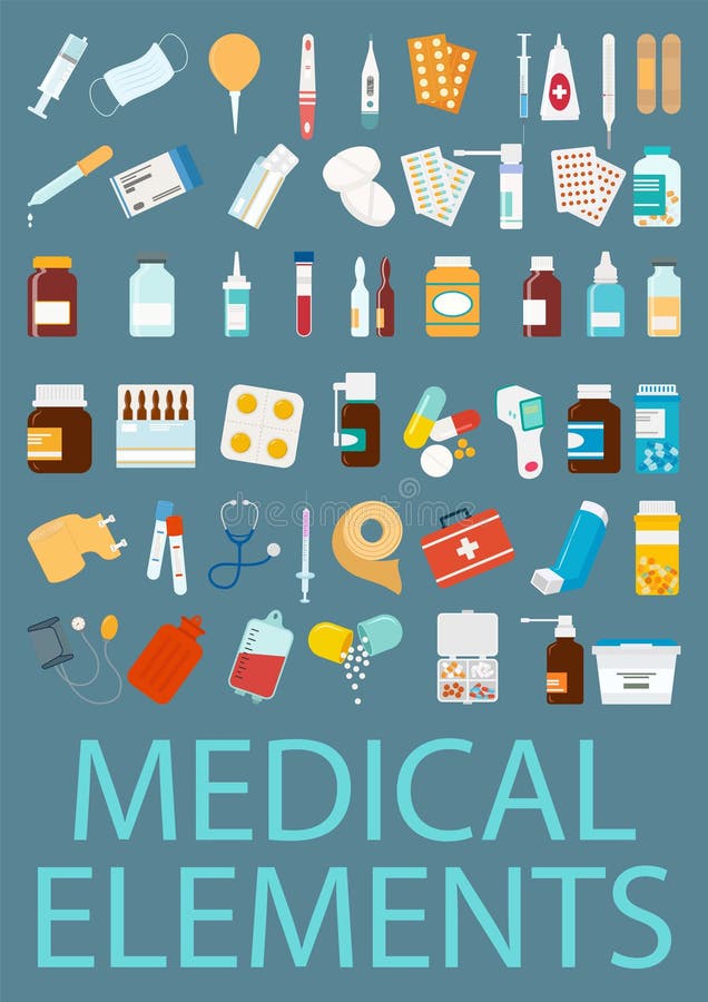 Medicine Supplies and Pharmacy Elements Vector Illustrations Set Stock Illustration ...