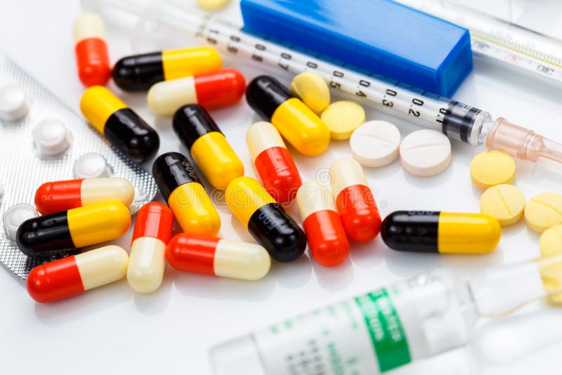 Medicine on white table stock photo. Image of instrument - 123639600
