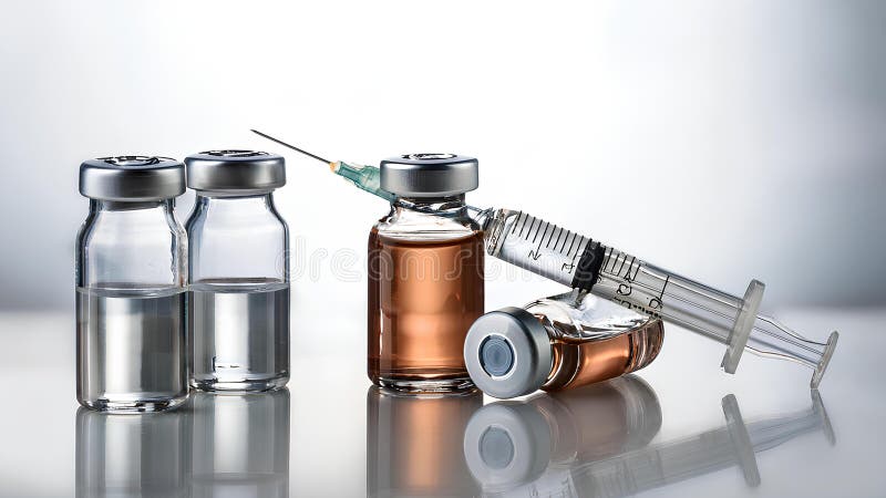 Medicines and Injection Syringe. Syringe and Injection Vials on White ...