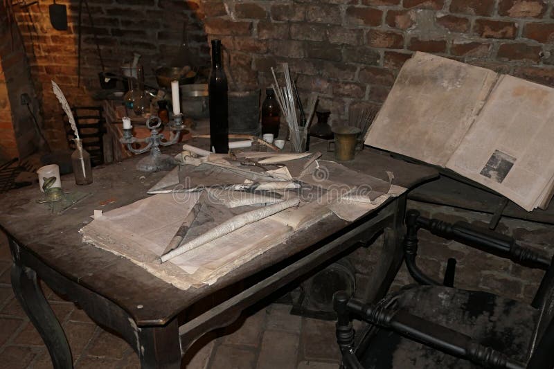 Medieval Alchemist Table with Various Scrolls, Quill and Ink Flasks ...