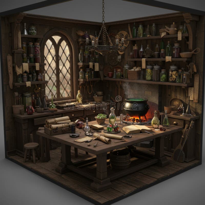 Medieval Alchemy Workshop Interior with Dark Wood and Potions Stock ...