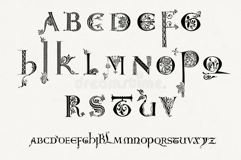Medieval Alphabet. Decorative Initial Designs Stock Illustration ...