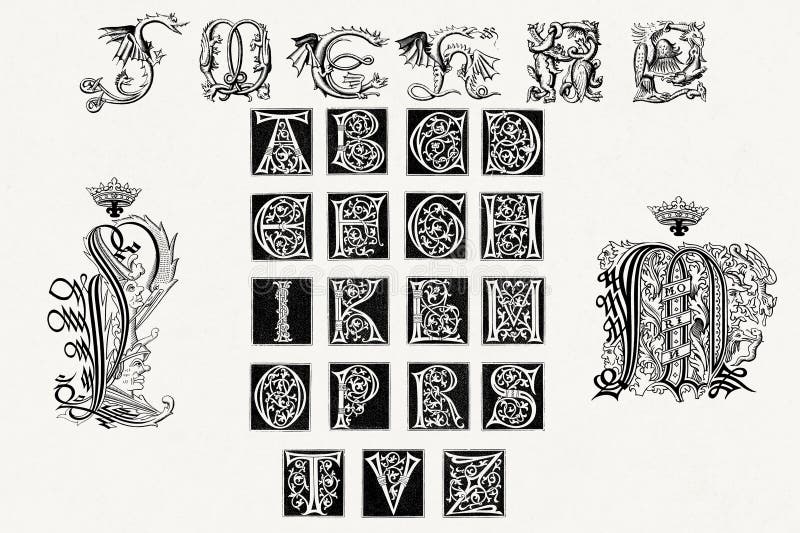 Medieval Alphabet. Decorative Initial Designs Stock Illustration ...