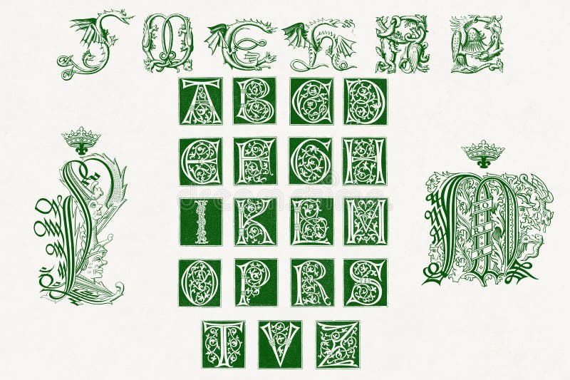 Medieval Alphabet. Decorative Initial Designs Stock Illustration ...