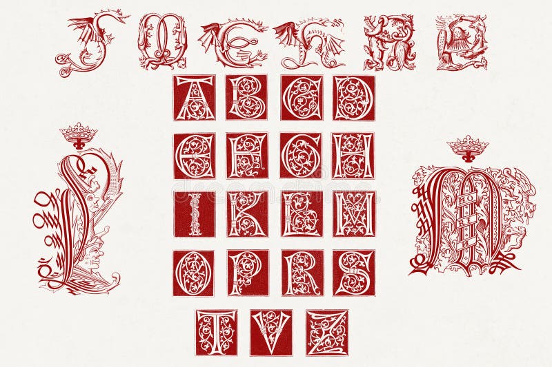Medieval Alphabet. Decorative Initial Designs Stock Illustration ...
