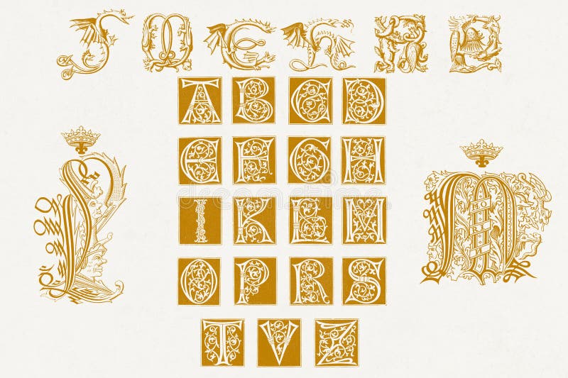 Medieval Alphabet. Decorative Initial Designs Stock Illustration ...
