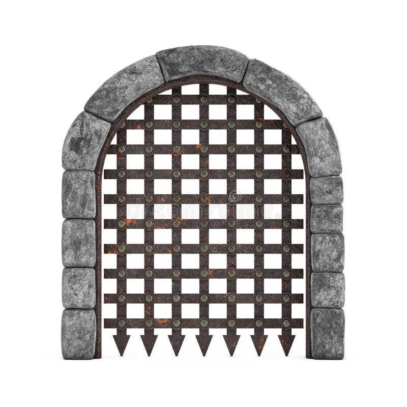 Medieval Arch Stone Blocks Castle Gate with Metal Lattice. 3d Rendering ...