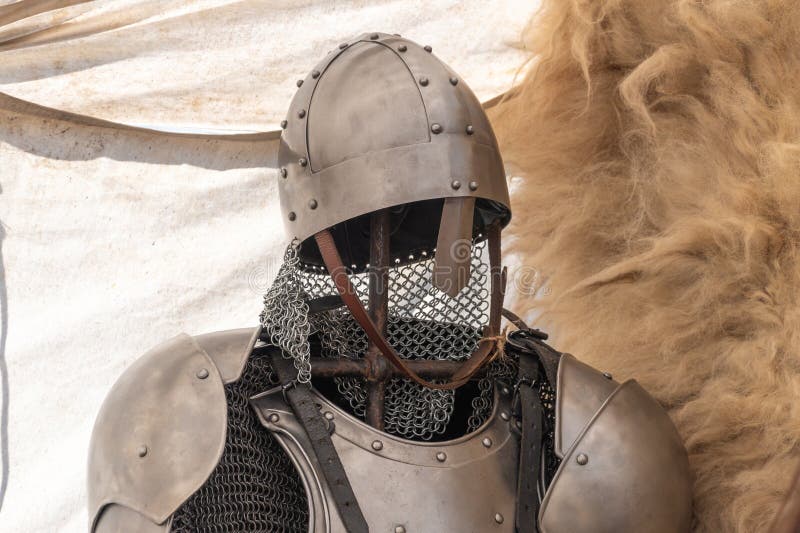 Medieval Armor Display with Helmet and Chainmail Stock Photo - Image of ...