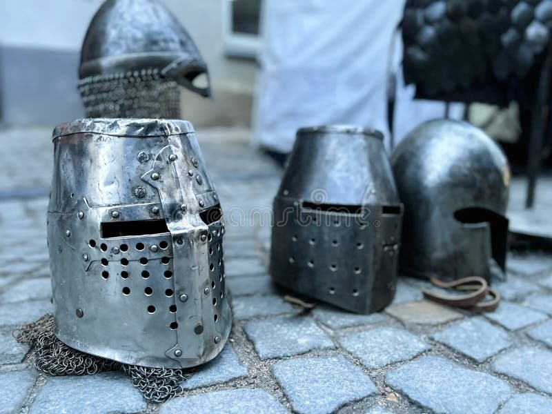 Medieval Armor, Helmet with Chain Mail Made of Iron Stock Image - Image ...