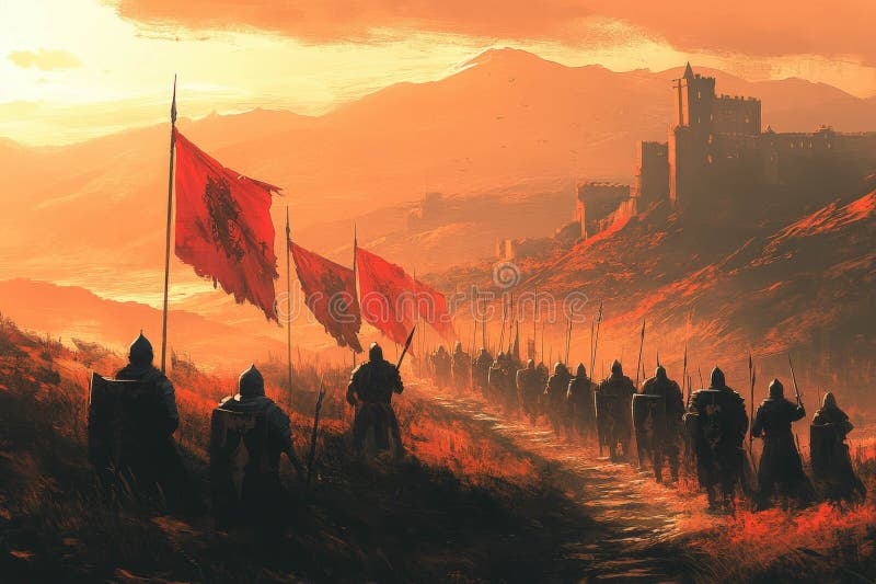 A Medieval Army Marching with Banners, Knights in Armor, Misty ...
