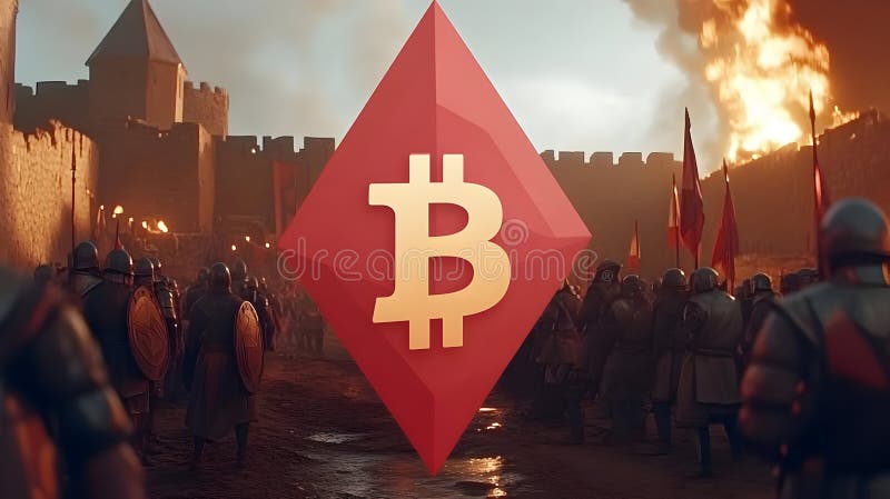 Medieval Army Siege with Burning Castle and Futuristic Red Gem Stock ...