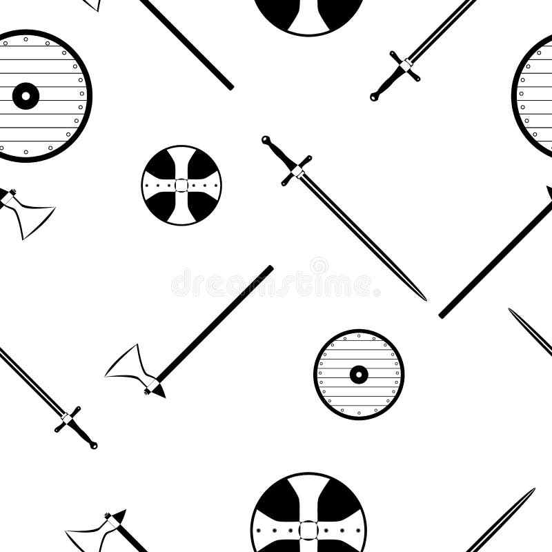 Medieval Axe, Sword and Shield. Seamless Pattern. Weapon Texture Stock ...