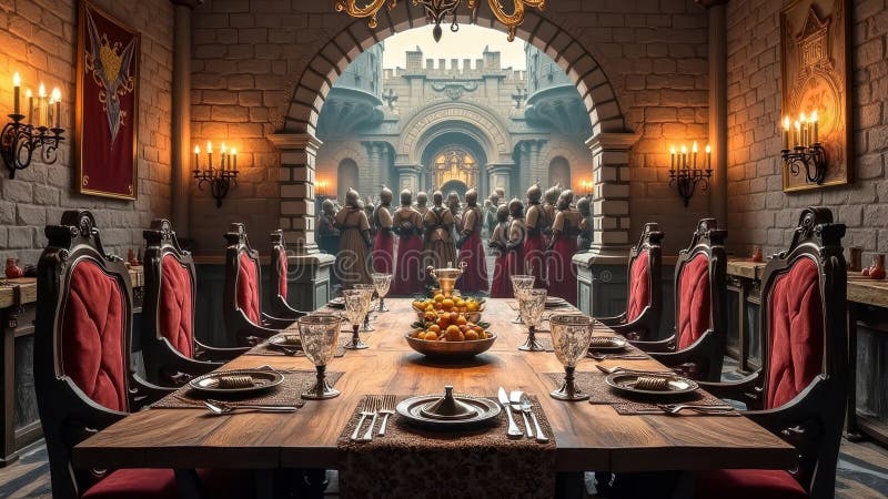 Medieval Banquet Hall with Elegant Table Setting and Gathered Guests in ...