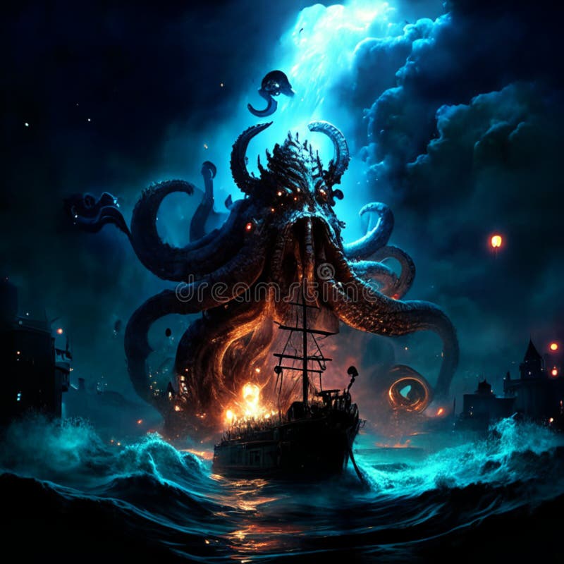 Medieval Battle Scene with Ship and Octopus. 3d Rendering AI Generated ...