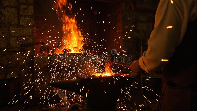 Medieval Blacksmith Forge with Glowing Metal Sparks and Hammer Striking ...