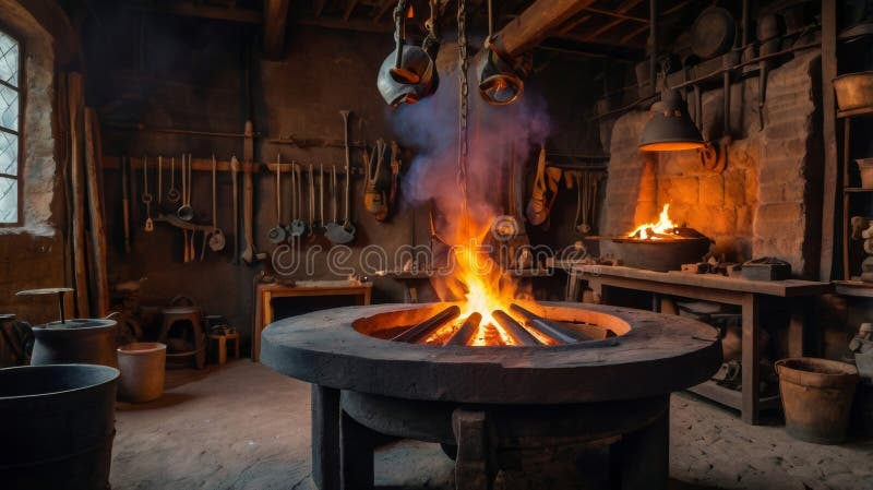 Medieval Blacksmith Workshop with a Fiery Forge and Rustic Tools ...