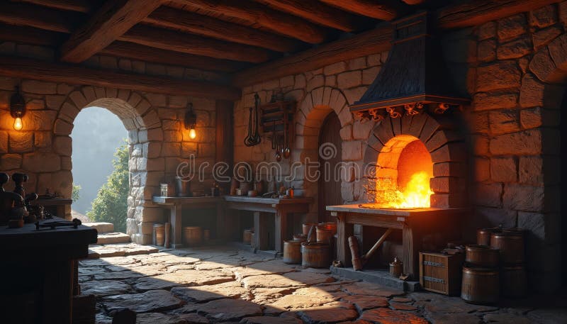 Medieval Blacksmith Workshop with Forge and Tools. Rustic Stone ...