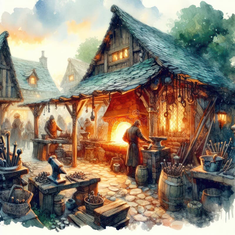 Medieval Blacksmith Workshop Illustration Stock Illustration ...