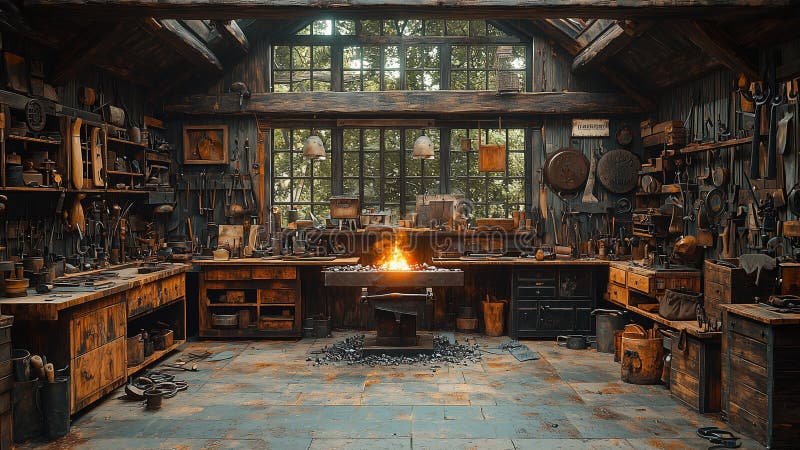 Medieval Blacksmith Workshop Interiors Stock Illustration ...