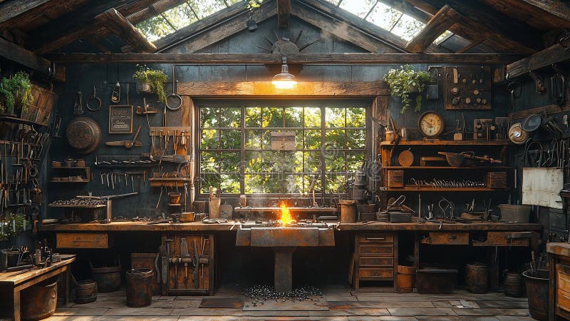 Medieval Blacksmith Workshop Interiors Stock Illustration ...