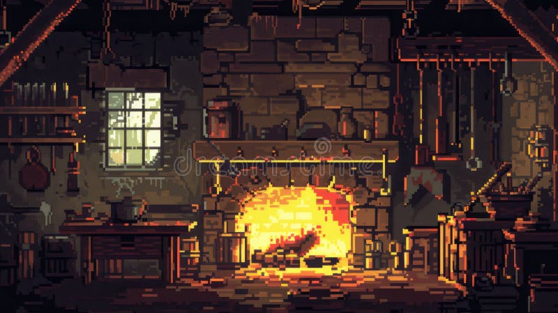 Medieval Blacksmiths Forge Scene in Pixel Art Style for Fantasy Game ...