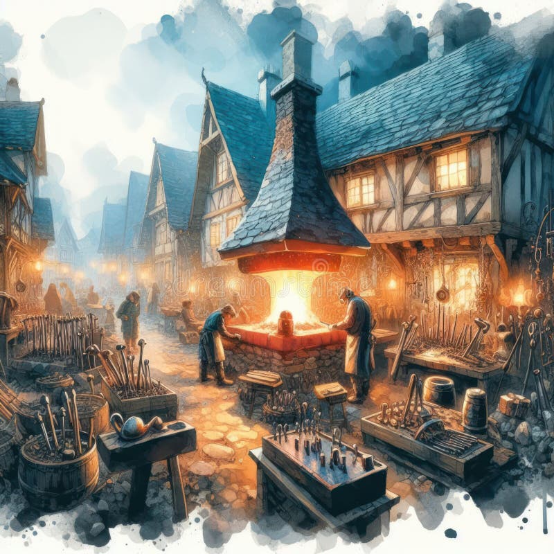 Medieval Blacksmiths Working in Village Stock Illustration ...