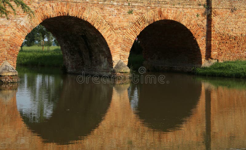 Medieval Bridge Made of Red Brick on the River Stock Photo - Image of ...