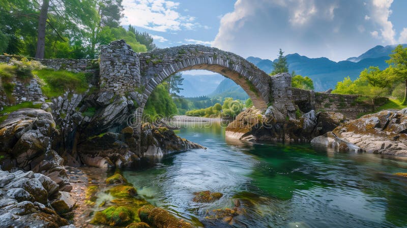 Medieval Bridge Over a Scenic River Stock Illustration - Illustration ...