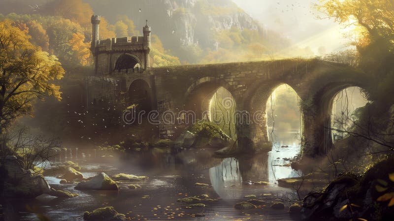 Medieval Bridge Over a Scenic River Stock Illustration - Illustration ...