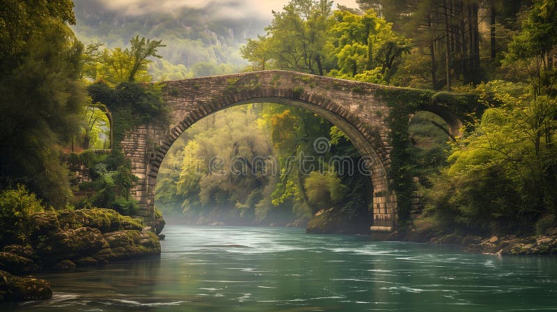Medieval Bridge Over a Scenic River Stock Illustration - Illustration ...