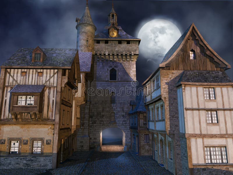 Medieval Buildings at Night Stock Illustration - Illustration of house ...