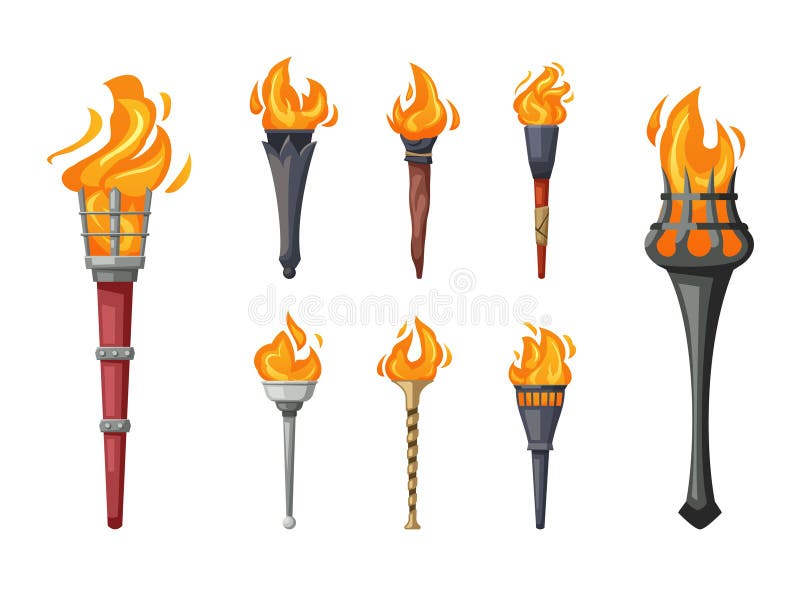 Medieval Burning Cartoon Torches Set. Ancient Metal Flaming Different ...