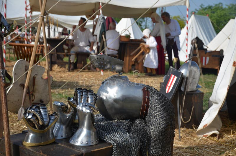 Medieval camp with armor stock photo. Image of reenactment - 51553842