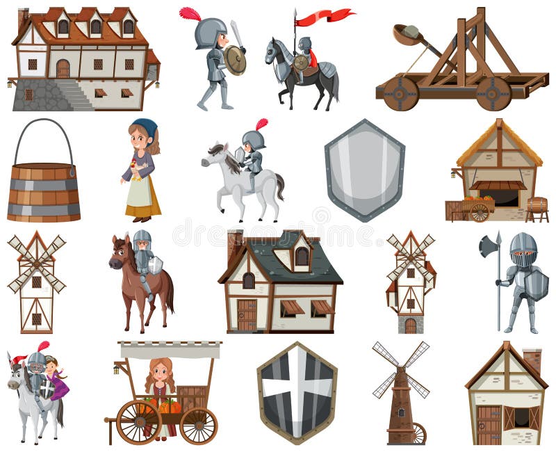 Medieval Cartoon Characters and Objects Stock Vector - Illustration of ...
