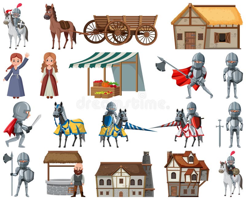 Medieval Cartoon Characters and Objects Stock Vector - Illustration of ...
