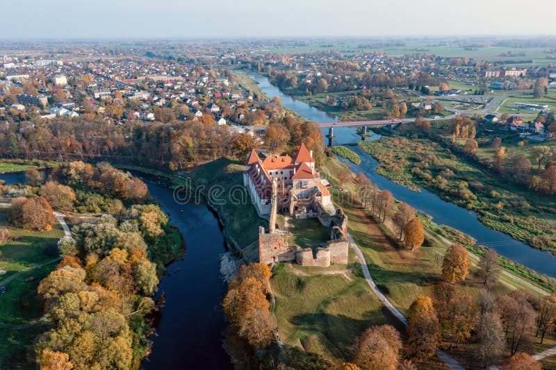 Medieval Castle from Above, Bauska Town Aerial Panorama with Medieval ...