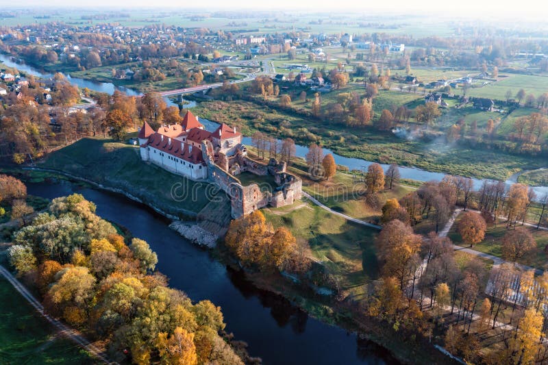Medieval Castle from Above, Bauska Town Aerial Panorama with Medieval ...
