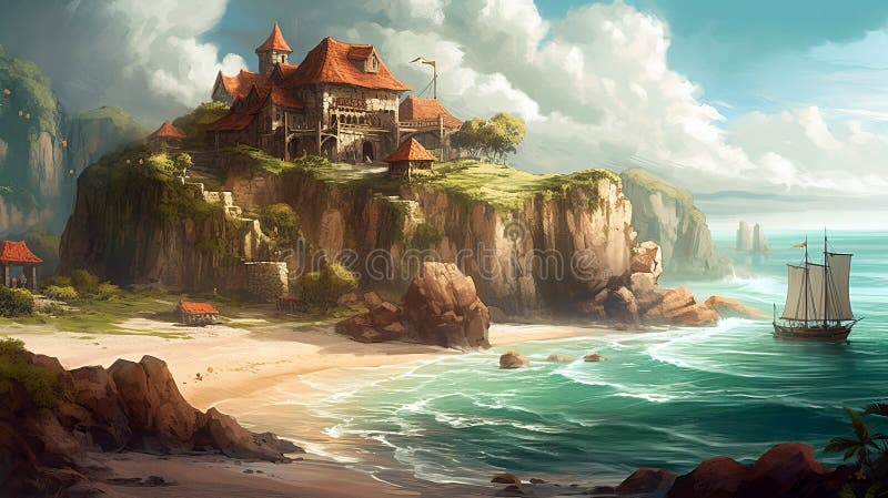 Medieval Castle by the Beach Stock Illustration - Illustration of ...